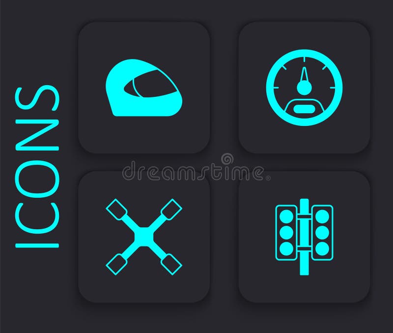 Set Racing Traffic Light, Helmet, Speedometer and Wheel Wrench Icon ...