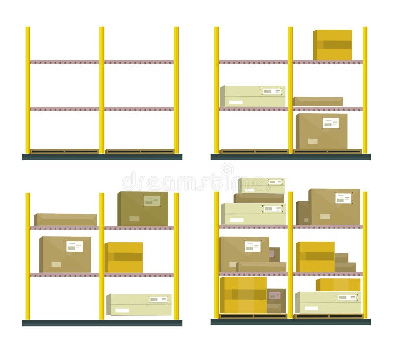 Set of Racks with Boxes in Flat Design Stock Vector - Illustration of ...