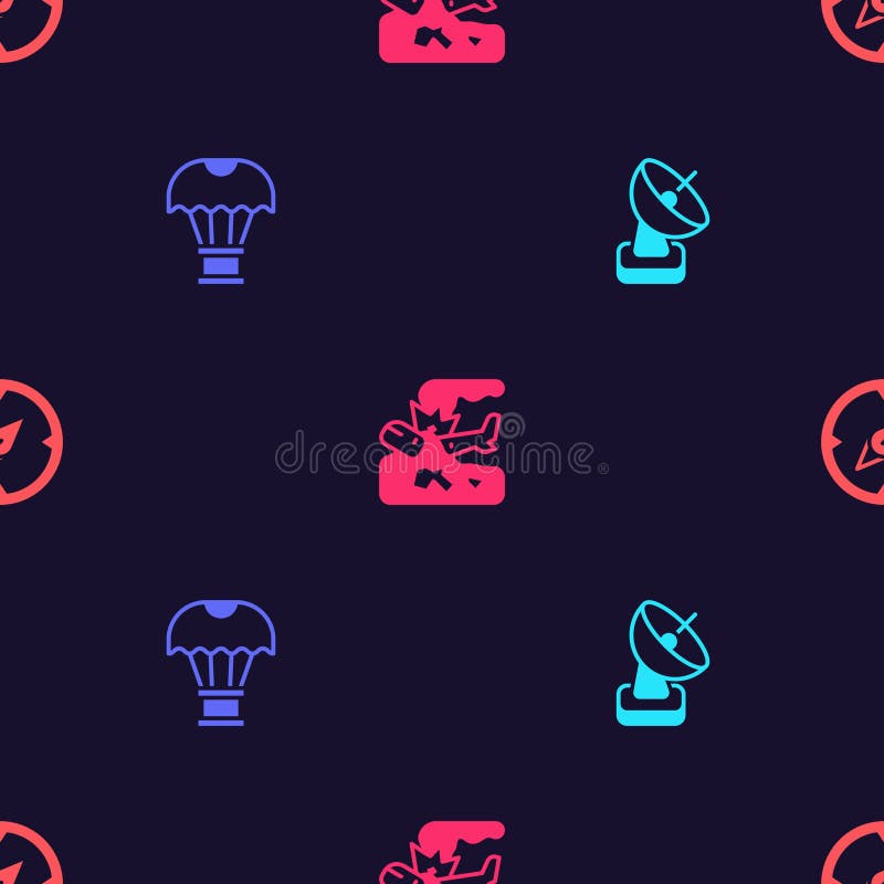 Set Radar, Box Flying on Parachute, Plane Crash and Compass on Seamless ...