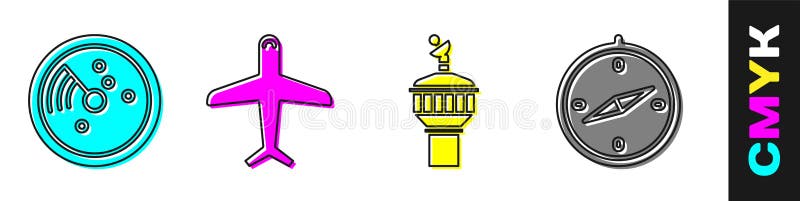 Set Radar with Targets on Monitor, Plane, Radar and Compass Icon ...