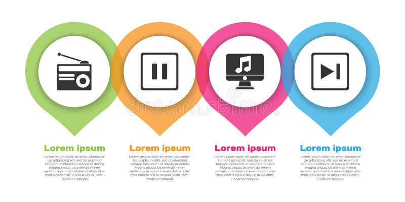 Set Radio with Antenna, Pause Button, Computer with Music Note and Fast ...