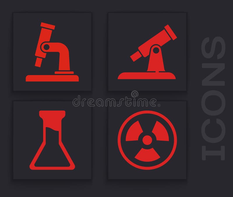 Set Radioactive, Microscope, Telescope and Test Tube and Flask Icon ... Set Radioactive, Microscope, Telescope and Test Tube and Flask Icon ...