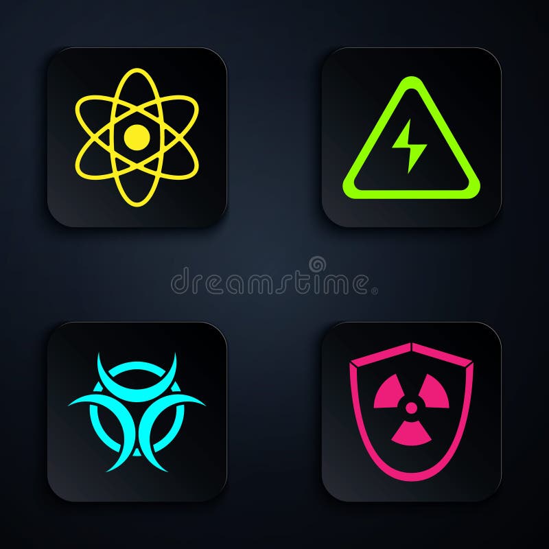 Set Radioactive in Shield, Atom, Biohazard Symbol and High Voltage Sign ...