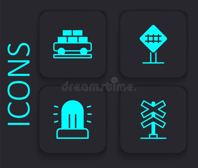 Set Railroad Crossing, Cargo Train Wagon, and Flasher Siren Icon. Black ... Set Railroad Crossing, Cargo Train Wagon, and Flasher Siren Icon. Black ...