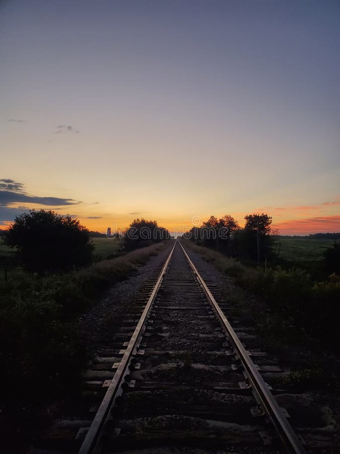 Railroad Tracks at Sunrise stock image. Image of foliage - 232337155
