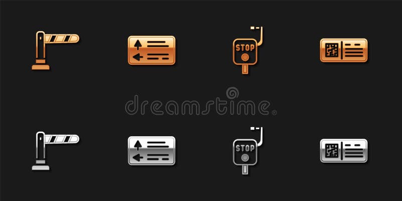 Set Railway Barrier, Road Traffic Signpost, Emergency Brake and QR Code ...