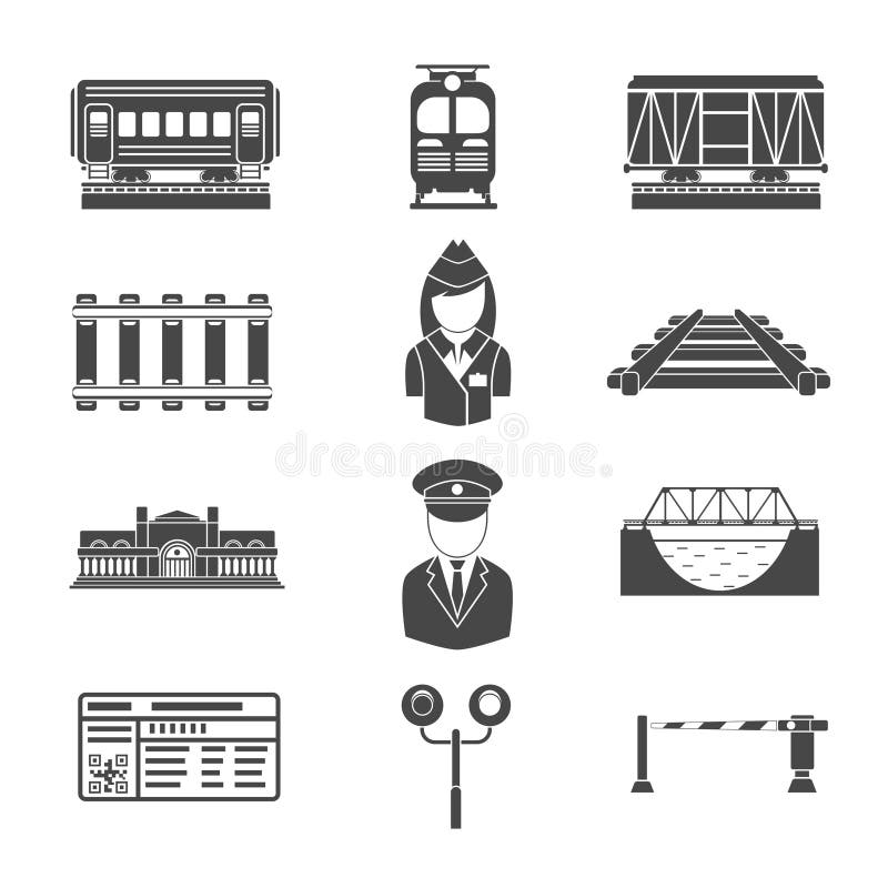 Set of railway black icons stock vector. Illustration of platform ...