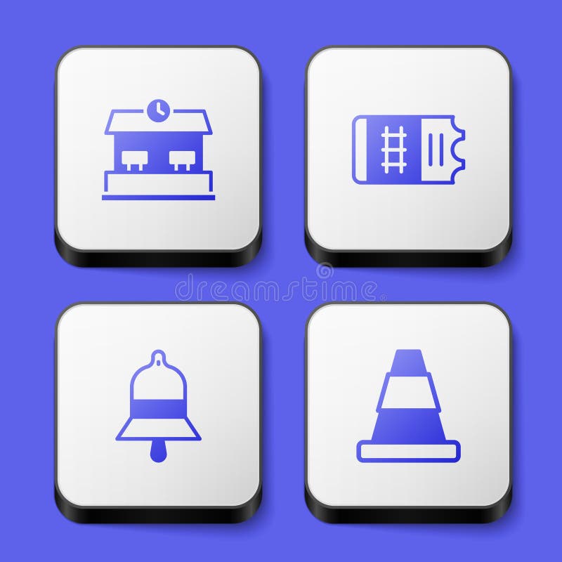 Set Railway Station, Train Ticket, Bell and Traffic Cone Icon. White ...