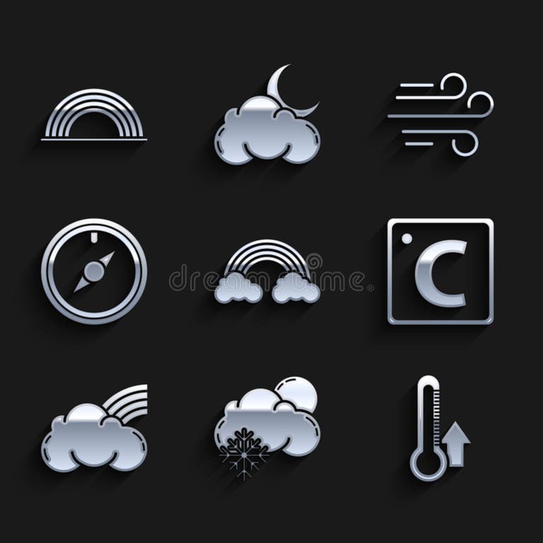Set Rainbow with Clouds, Cloud Snow and Sun, Thermometer, Celsius, Wind ...