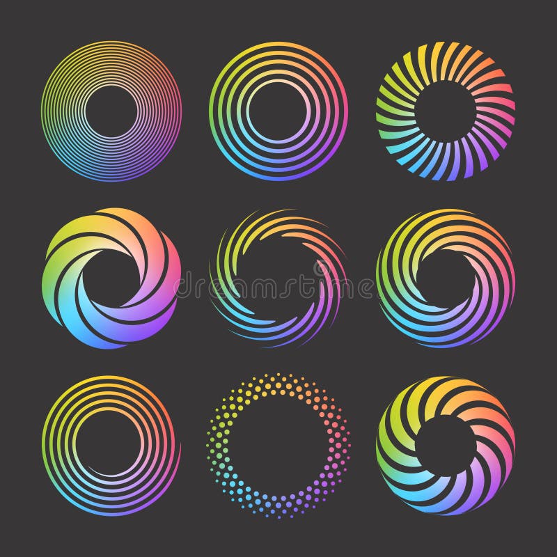 Set of Rainbow Color Spirals. Abstract Swirl Shapes with Bright Multi ...