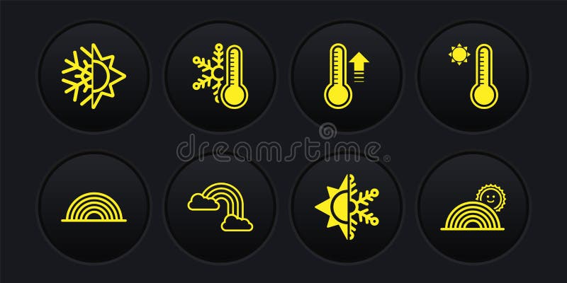 Set Rainbow, Meteorology Thermometer, with Clouds, Sun and Snowflake ... Set Rainbow, Meteorology Thermometer, with Clouds, Sun and Snowflake ...