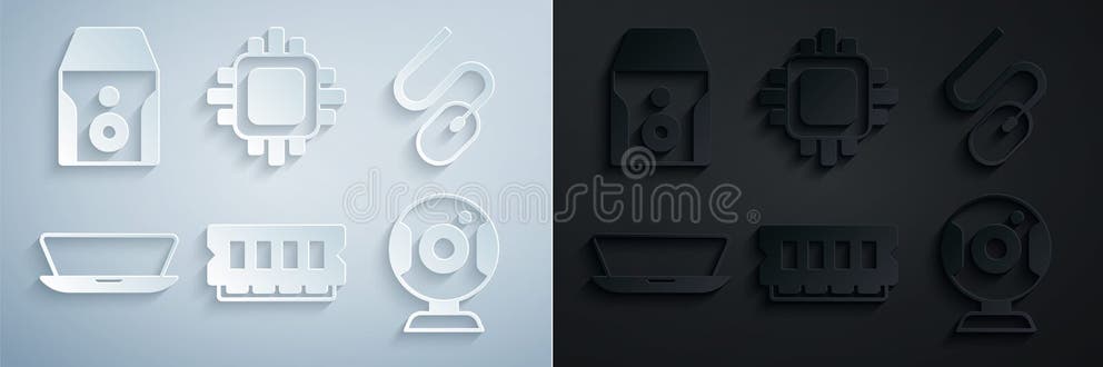 Set RAM, Random Access Memory, Computer Mouse, Laptop, Web Camera, Processor with CPU and ...