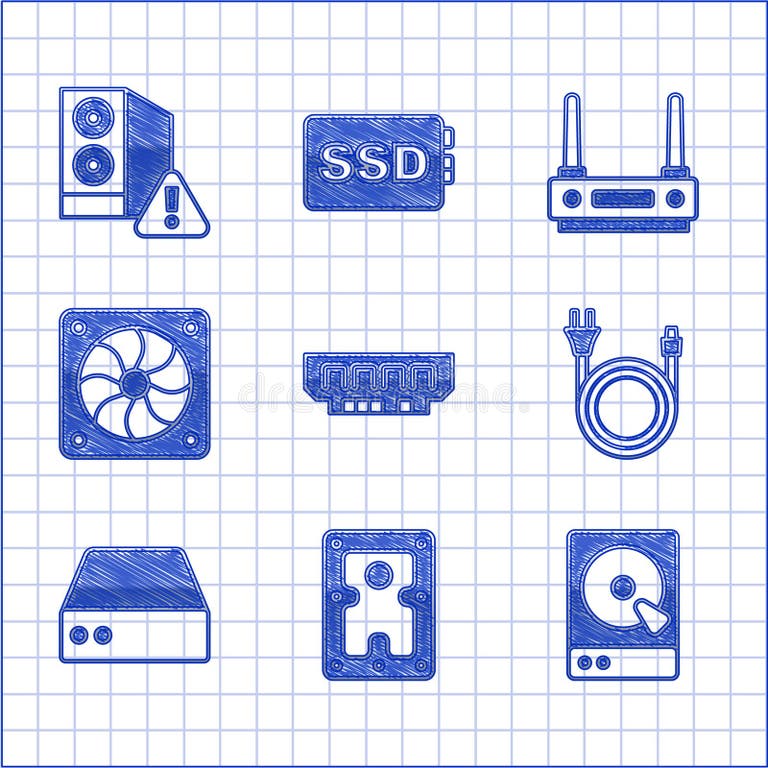 Set RAM, Random Access Memory, Hard Disk Drive HDD, Electric Plug, Server, Data, Web Hosting ...