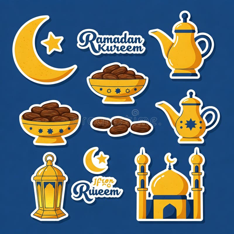 Set of Ramadan Kareem Iftar Stickers Pro Vector Doodle Stock ...