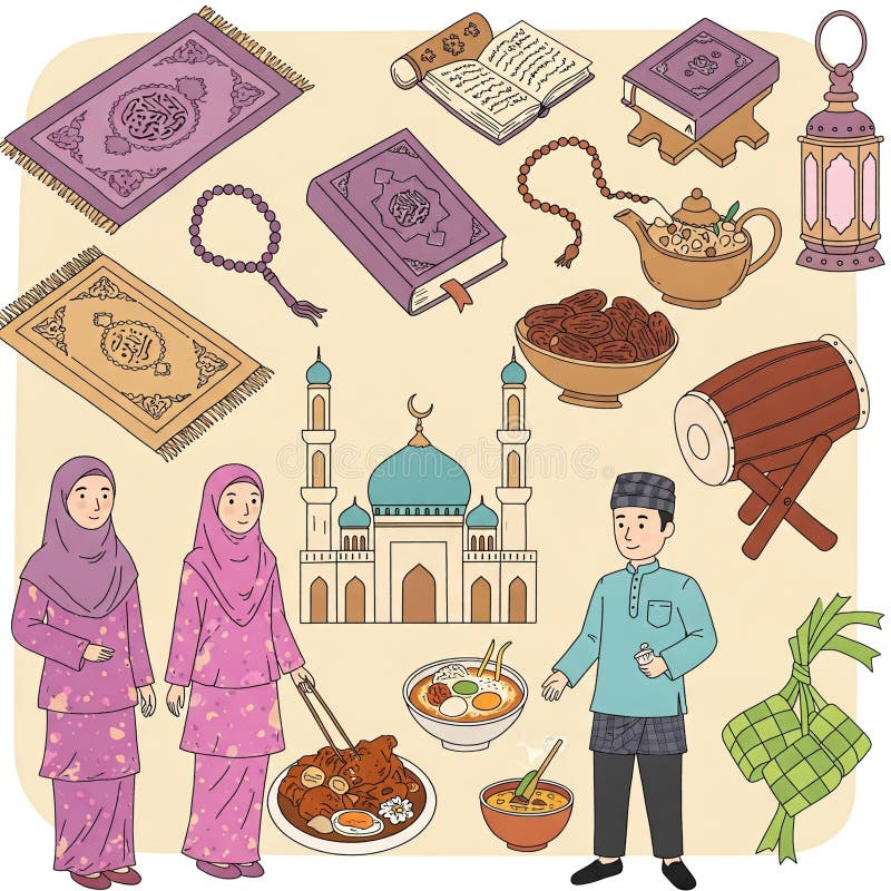 Set of Ramadan Kareem Iftar Stickers Pro Vector Doodle Stock Vector ...