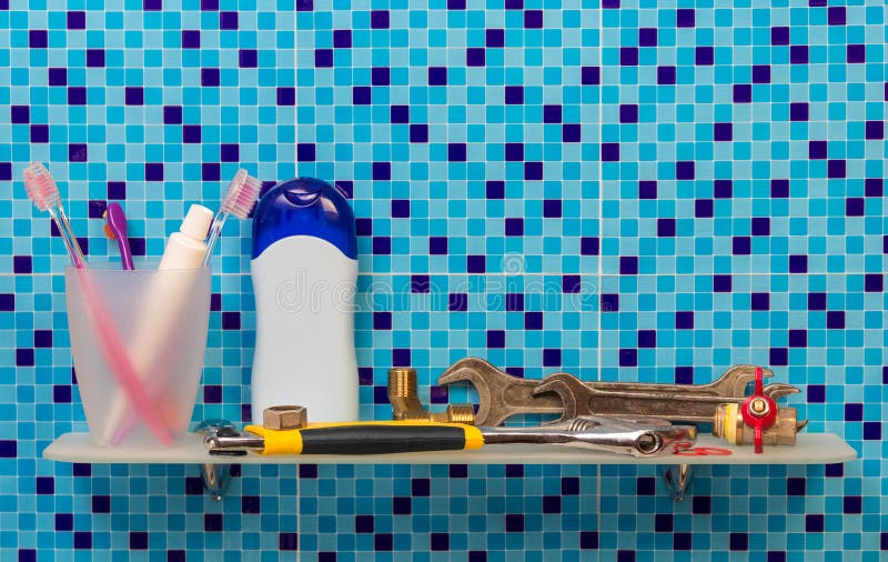 Set of Random Objects on a Shelf Stock Image - Image of bathroom, glass ...