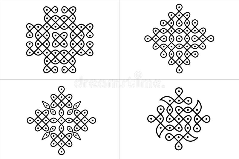 Set of 4 Rangoli or Kolam Design Line Drawings Isolated on White ...