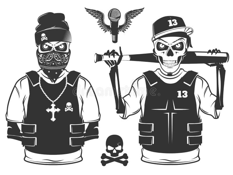 Set of Rap Skull and Hip Hop Skeleton Black and White Style Stock ...