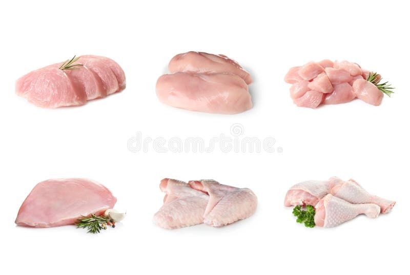 Set with Raw Chicken Meat on Background Stock Photo - Image of isolated ...