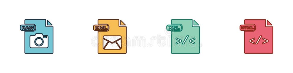 Set RAW File Document, EML, XSL and HTML Icon. Vector Stock Vector - Illustration of concept ...