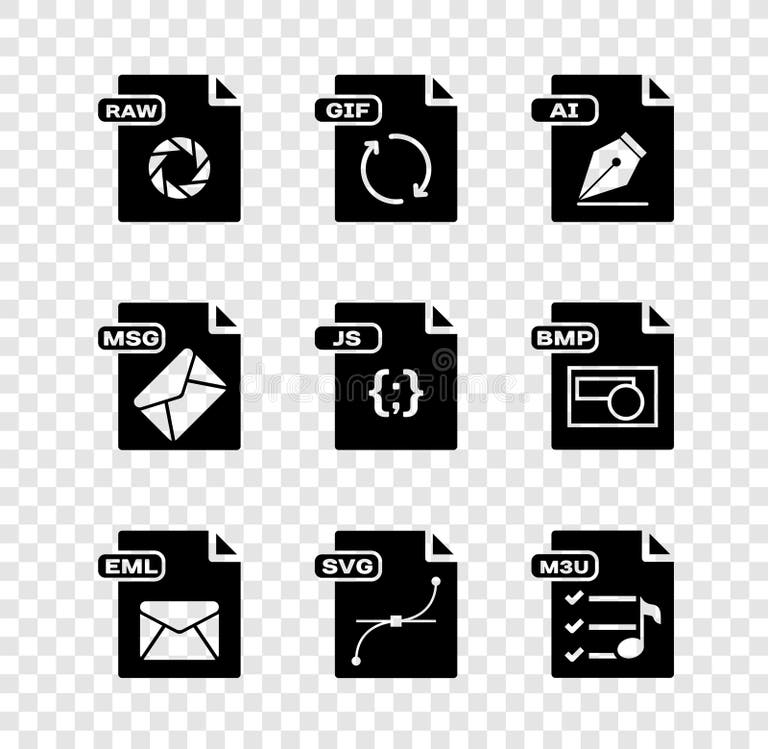 Set RAW File Document, GIF, AI, EML, SVG, M3U, MSG and JS Icon. Vector ...