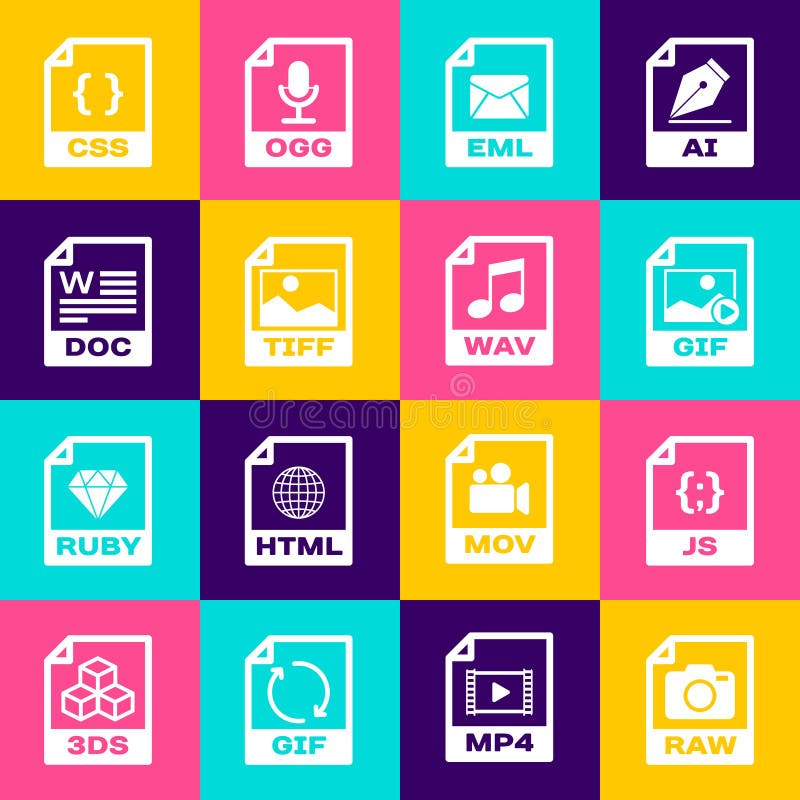 Set RAW File Document, JS, GIF, EML, TIFF and DOC Icon. Vector Stock ... Set RAW File Document, JS, GIF, EML, TIFF and DOC Icon. Vector Stock ...