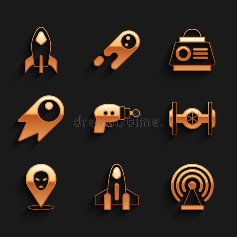 Set Ray Gun, Rocket Ship, Radar, Cosmic, Alien, Comet Falling Down Fast ...