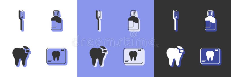 Set X-ray of Tooth, Toothbrush, Broken and Mouthwash Icon. Vector Stock ...