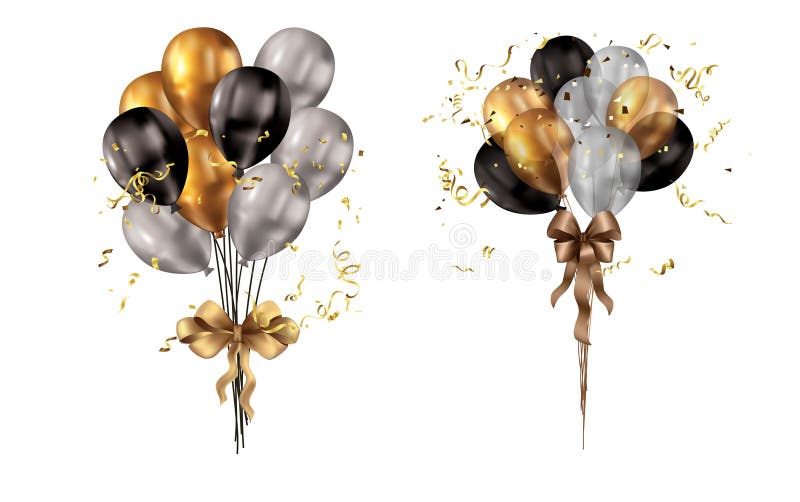Set of Realistic Black and Silver Balloons with Ribbons and Confetti ...