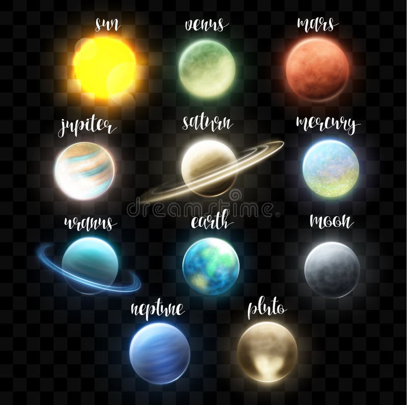 Set Realistic Bright Planets. Light Cosmic Effects. Solar System. Space ...