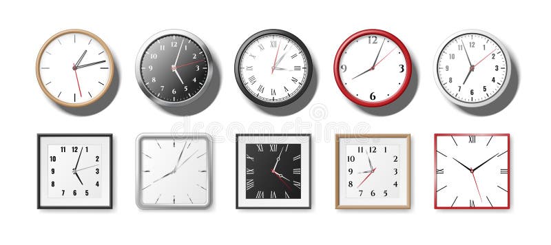 Set of Realistic Clocks and Watches for Office. Wall Clocks Round and ...