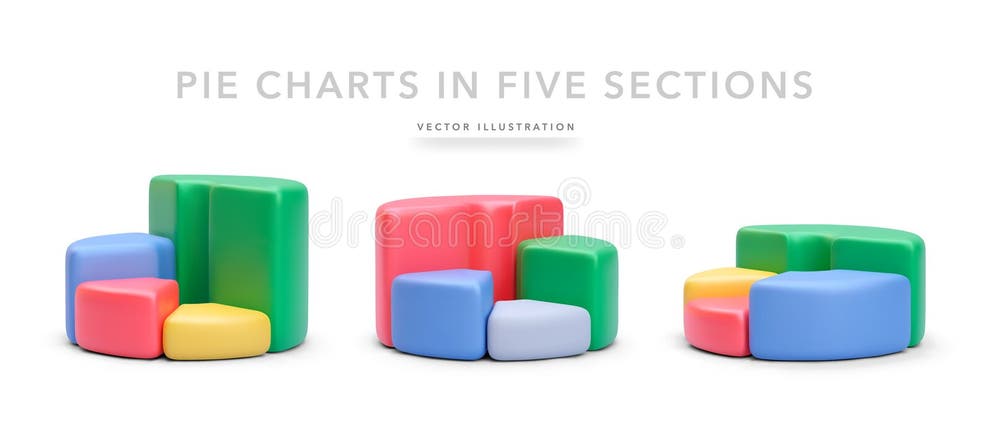 Set of Realistic Colour Pie Charts in Five Sections Isolated on White ...