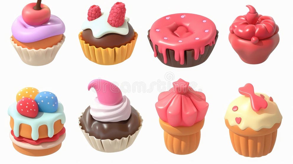 Set of Realistic 3D Modern Icons of Cakes and Cupcakes Stock Photo ...