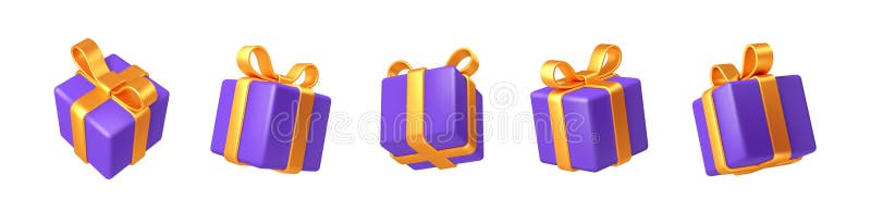 Set of Realistic 3d Render Gift Boxes. Purple Gift Box with Yellow Bow ...