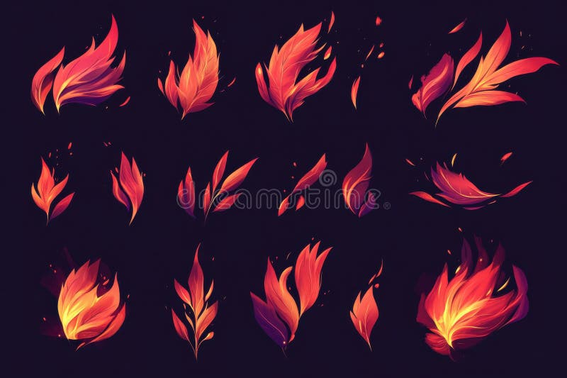 Set of Realistic Fire Flames Burning Brightly on Dark Background ...