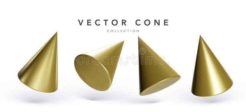 Set of Realistic Golden Geometric Cones with Shadow Isolated on White ...
