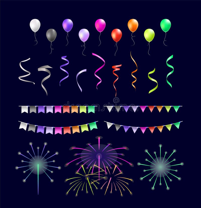 Set of Realistic Isolated Colorful Party Elements on Black Background ...