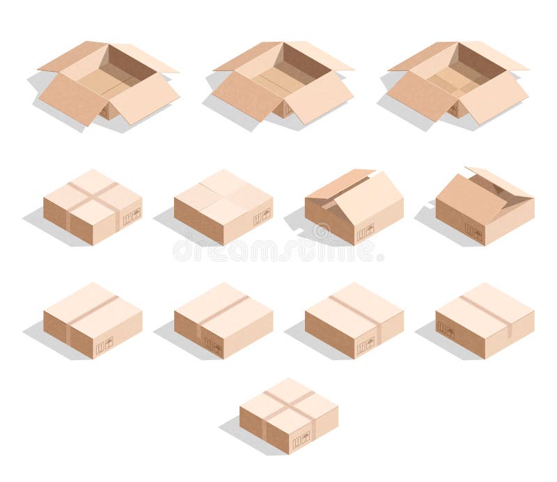 Set of 12 Realistic Isometric Cardboard Boxes with Texture Stock Vector ...