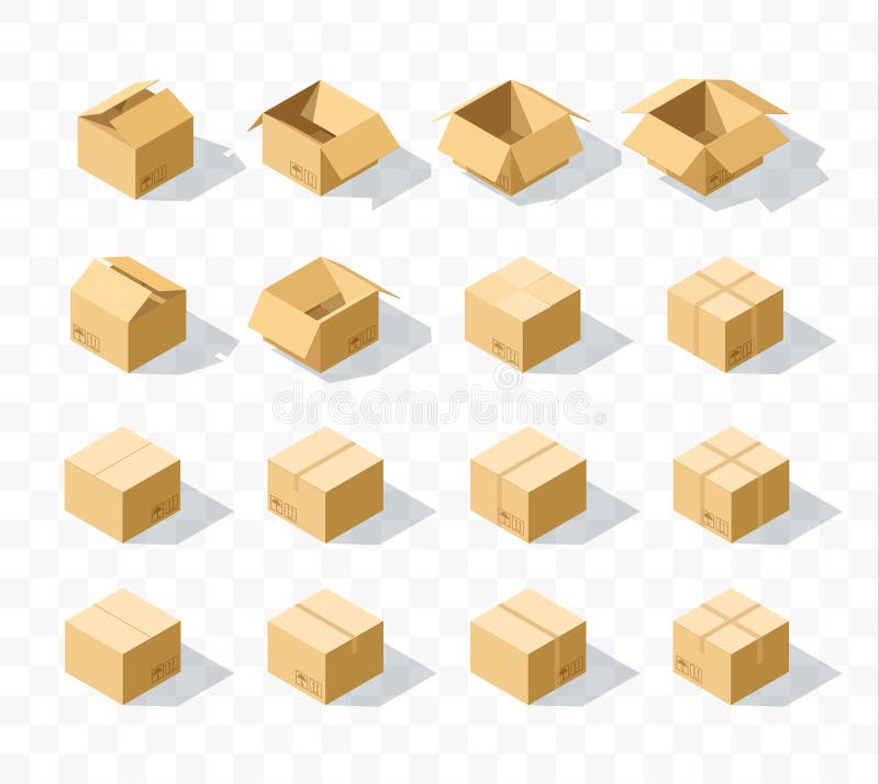 Set of 16 Realistic Isometric Cardboard Boxes with Transparent Shadow ...