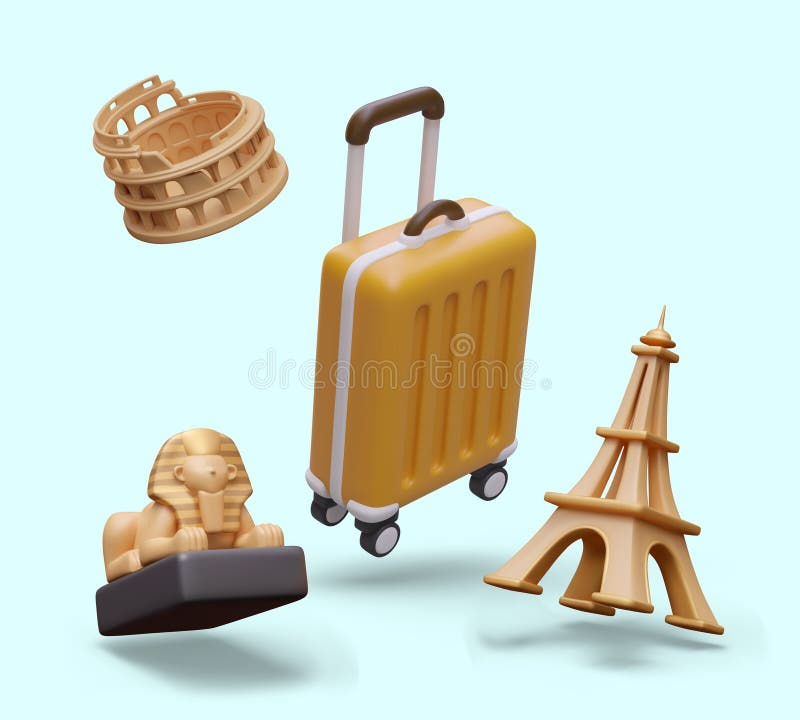 Set of Realistic Objects for Tourism Concepts in 3D Style Stock ...
