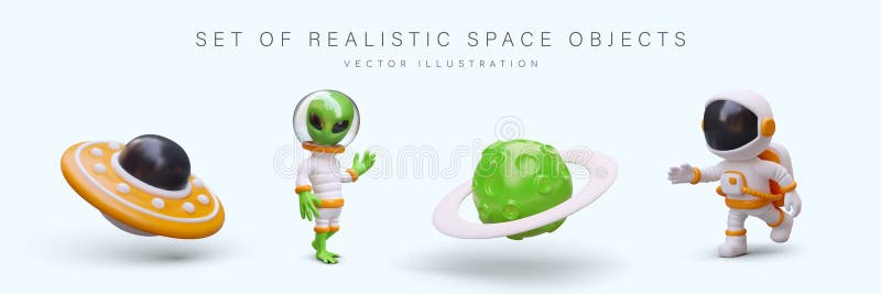 Set of Realistic Space Objects. Flying Saucer, Alien in Spacesuit ...