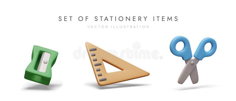 Set of Realistic Stationery. Pencil Sharpener, Triangular Ruler ...
