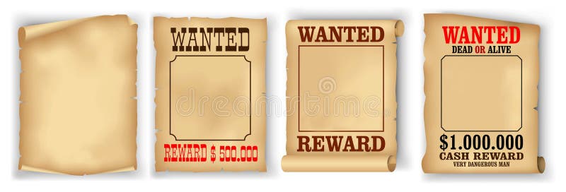 Set of Realistic Wanted Poster Isolated or Vintage Scroll Parchment ...