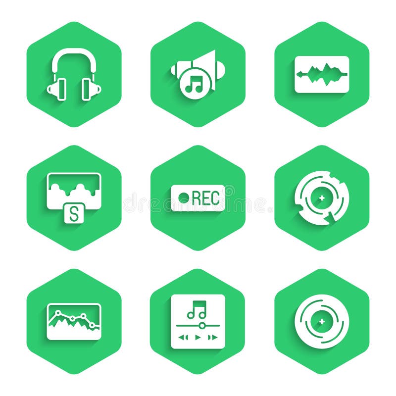 Set Record Button, Music Player, Vinyl Disk, Wave Equalizer, and ...