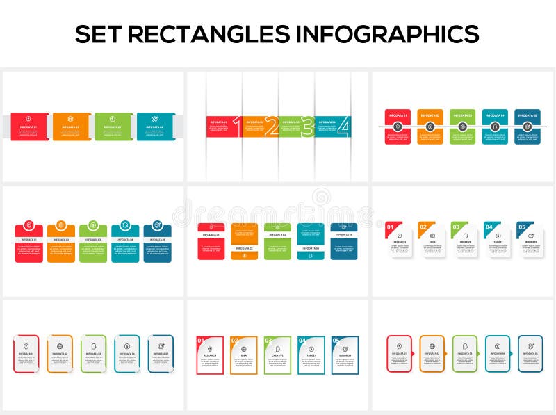 Set Rectangles Infographics with 4, 5 Steps, Options, Parts or ...