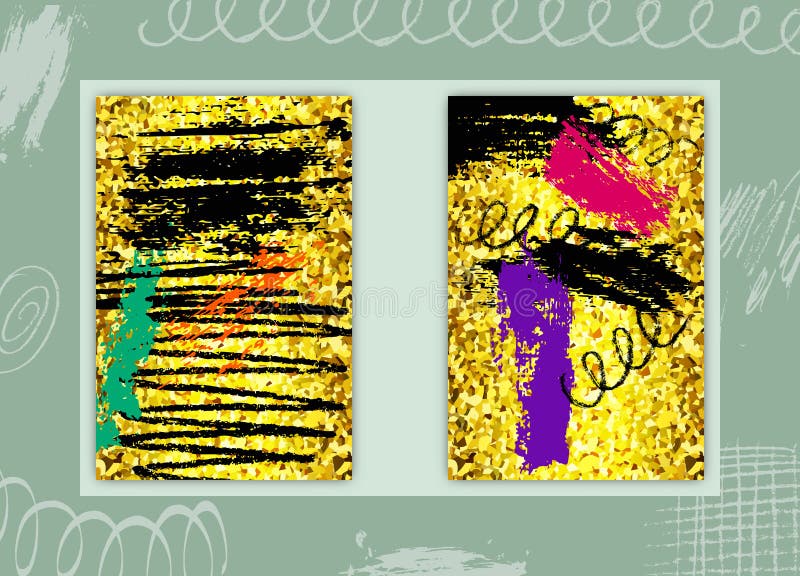 Set of Rectangular Cards with Glittering Golden Texture and Paper ...