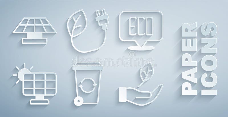 Set Recycle Bin, Leaf Eco Symbol, Solar Energy Panel, Hand, Electric ...