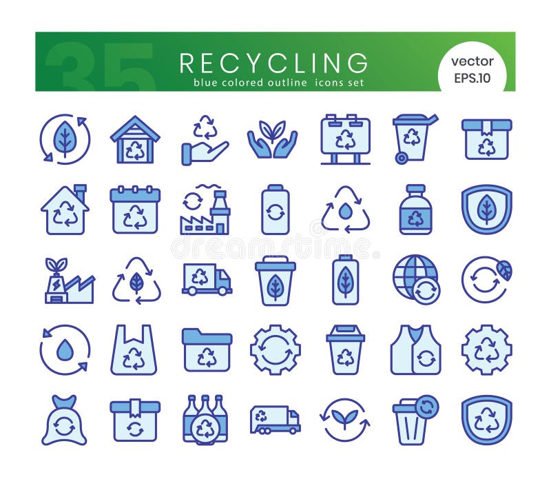 Set of Recycling Icons.Blue Color Outline Style Icon Set. Vector ...