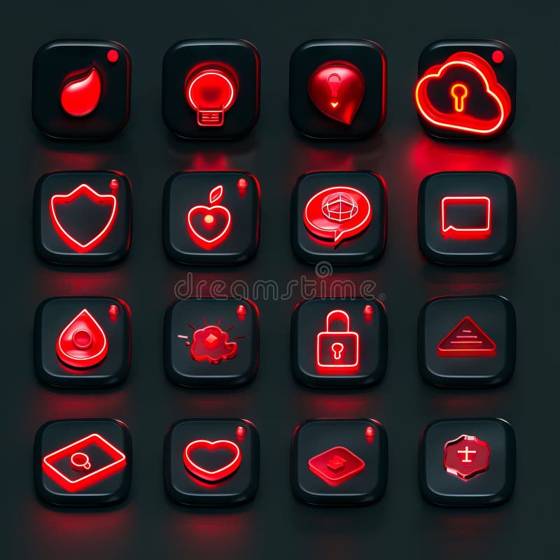 A Set of Red and Black Buttons with Glowing Lights Stock Photo - Image ...