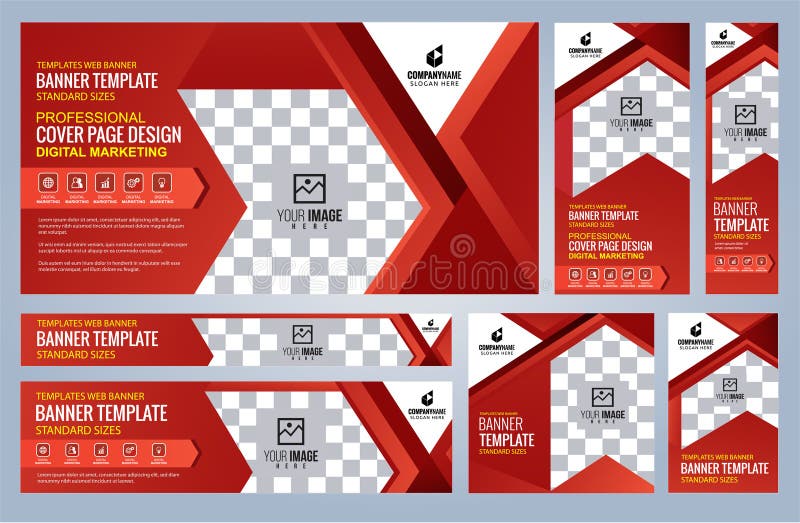 Set of Red and Black Web Banners Templates, Coverpage Standard Sizes ...